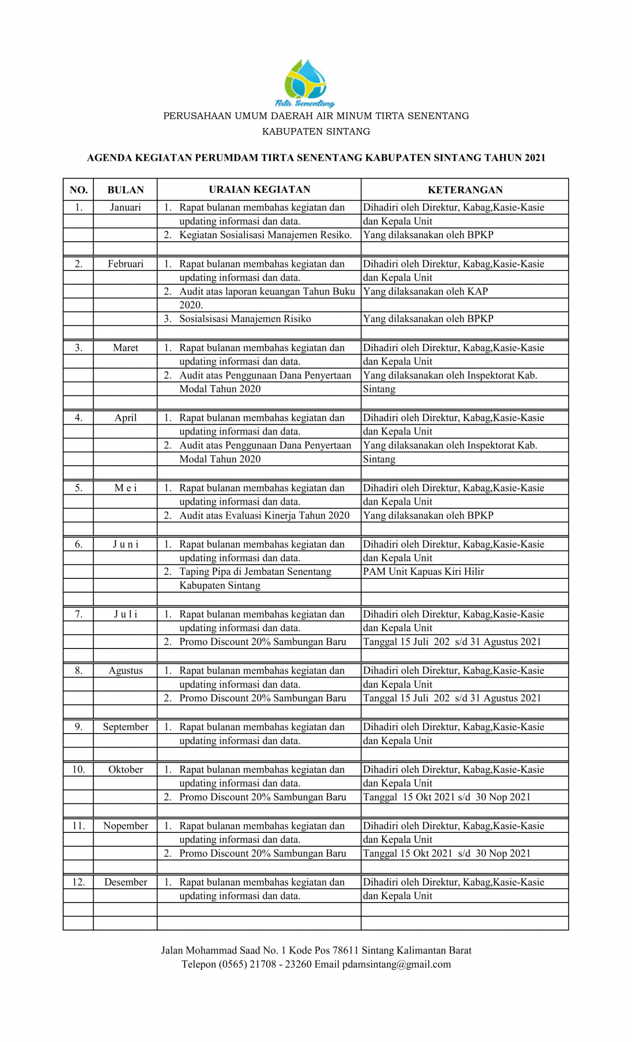 Kalender Kegiatan Tahunan - PDAM Tirta Senentang
